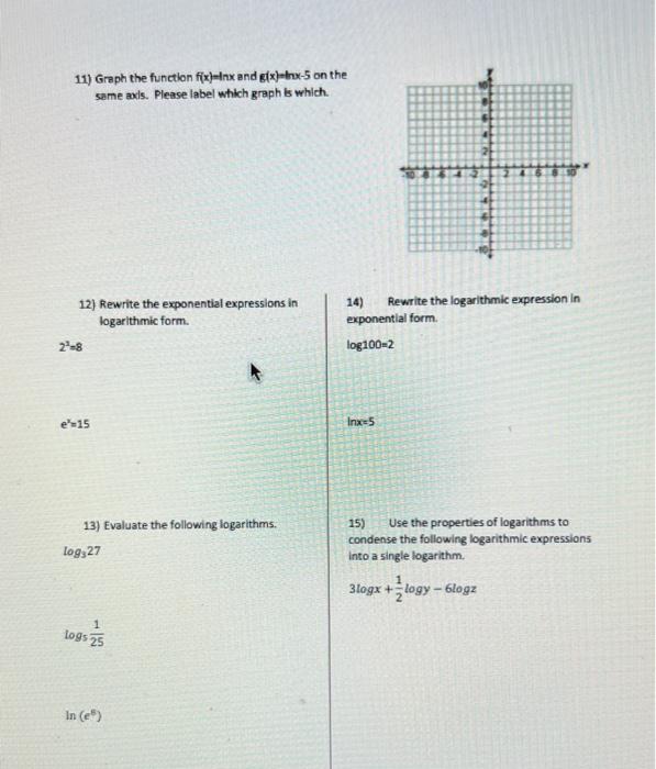 Solved 11) Graph the function f(x)=1nx and g(x)=lnx−5 on the | Chegg.com