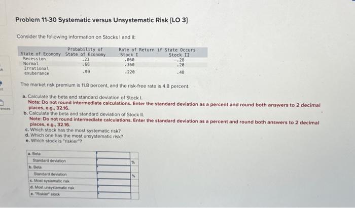 Solved Problem 11-30 Systematic versus Unsystematic Risk [LO | Chegg.com