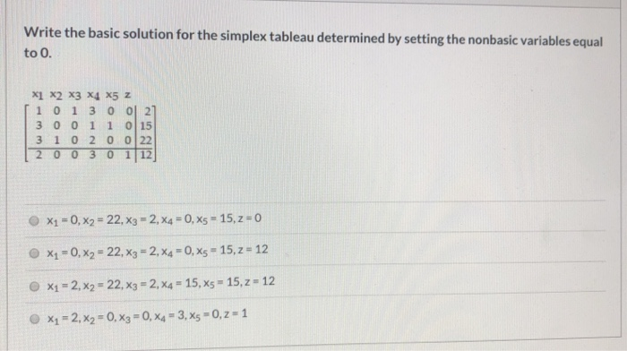 Solved Write the basic solution for the simplex tableau | Chegg.com