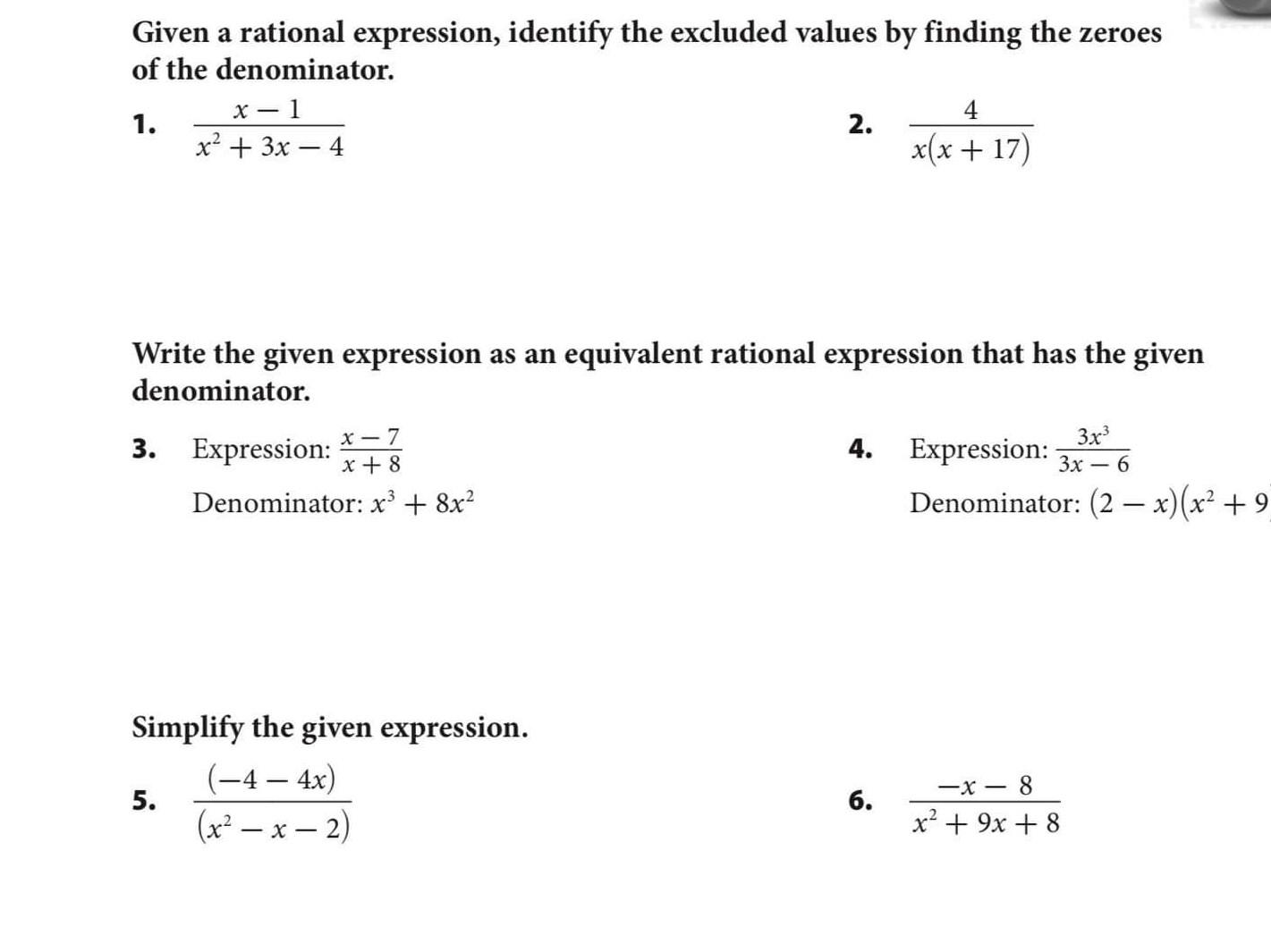 Solved Given a rational expression, identify the excluded | Chegg.com