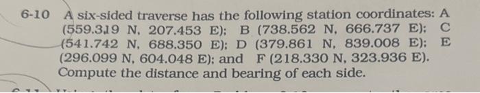 Solved 6-10 A six-sided traverse has the following station | Chegg.com