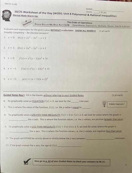 Solved MATH 1146 NAME: Score / 35 pts 10/25 Worksheet of the | Chegg.com