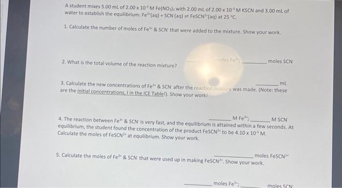 A student mixes 5.00 mL of 2.00×10−3MFe(NO3), with | Chegg.com