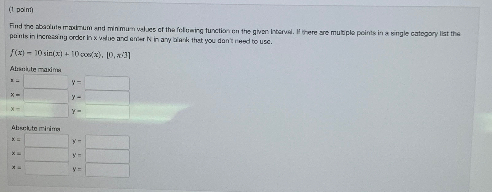 Solved (1 ﻿point)Find the absolute maximum and minimum | Chegg.com