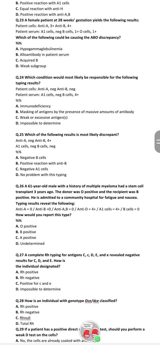 Solved B. Positive reaction with A1 cells. C. Equal reaction | Chegg.com