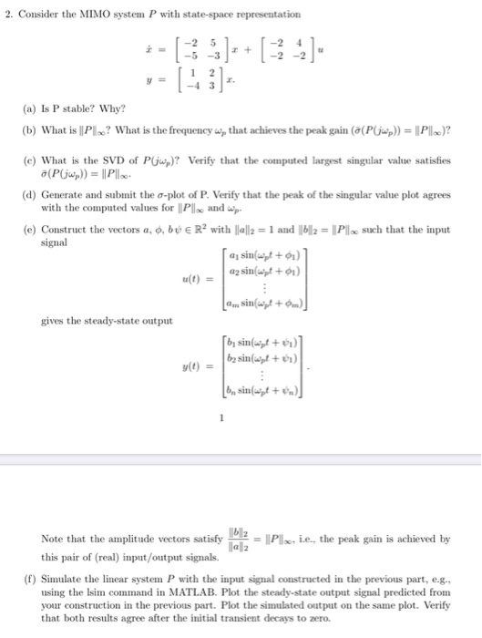 2. Consider the MIMO system P with state-space | Chegg.com