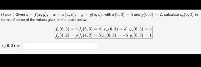 Solved (1 point) Given z=f(x,y),x=x(u,v),y=y(u,v), with | Chegg.com