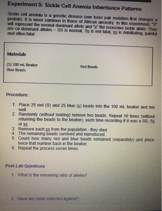Solved Experiment 5: Sickle Cell Anemia Inheritance Patterns | Chegg.com