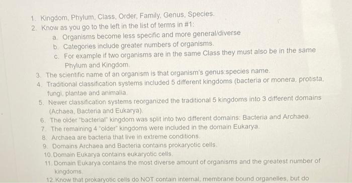 Solved 1. Kingdom, Phylum Class. Order, Family, Genus, | Chegg.com
