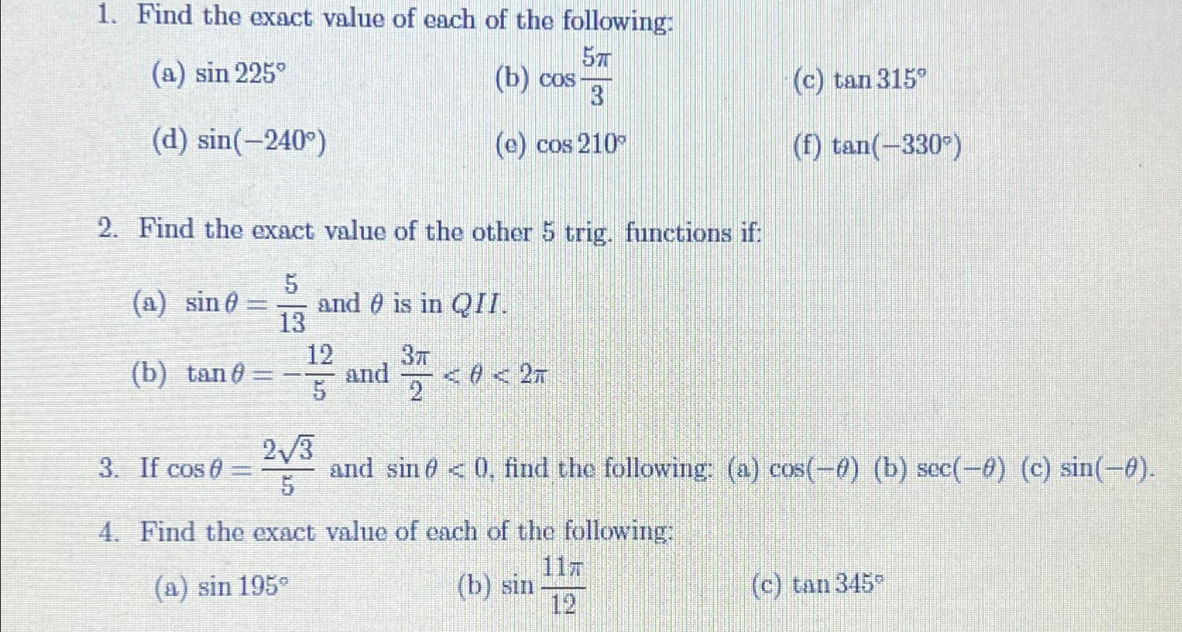 Solved Find the exact value of each of the | Chegg.com
