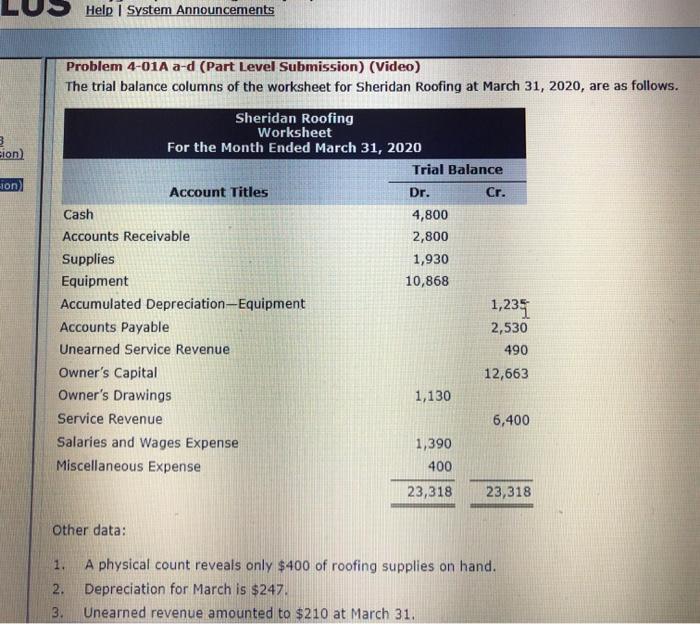 Solved Help System Announcements Problem 4-01A a-d (Part | Chegg.com