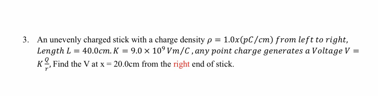 Solved An unevenly charged stick with a charge density | Chegg.com