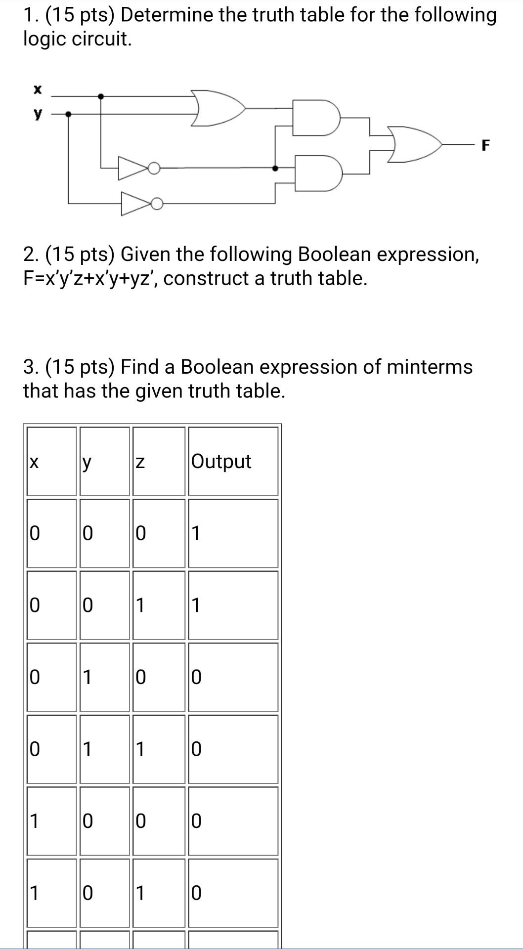 Solved 1.(15 pts) Determine the truth table for the | Chegg.com