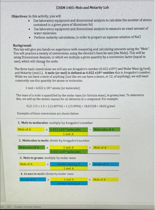 Solved CHEM 1405: Mols and Molarity Lab . . Objectives: In | Chegg.com