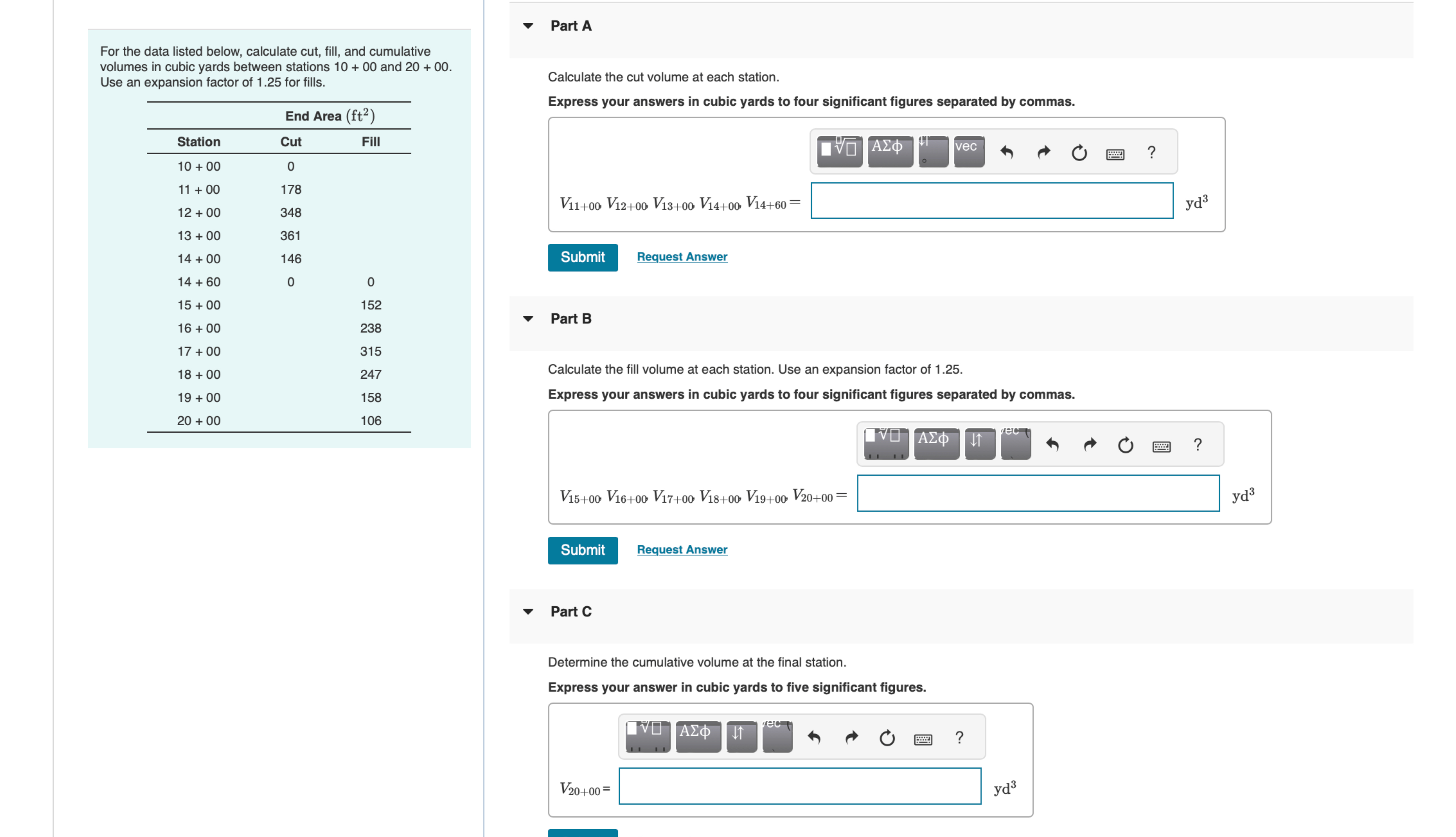 Solved For the data listed below, calculate cut, fill, and | Chegg.com