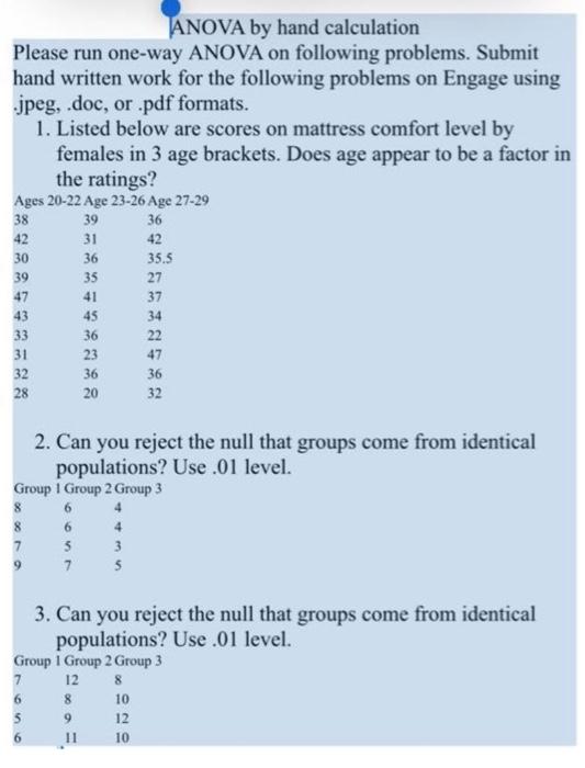 Solved ANOVA by hand calculation Please run one-way ANOVA on | Chegg.com