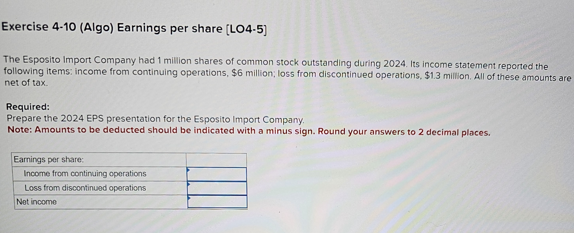 Solved Exercise 4-10 (Algo) ﻿Earnings per share [LO4-5]The | Chegg.com