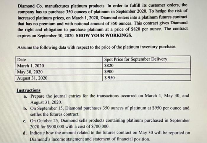 Solved Diamond Co. manufactures platinum products. In order | Chegg.com