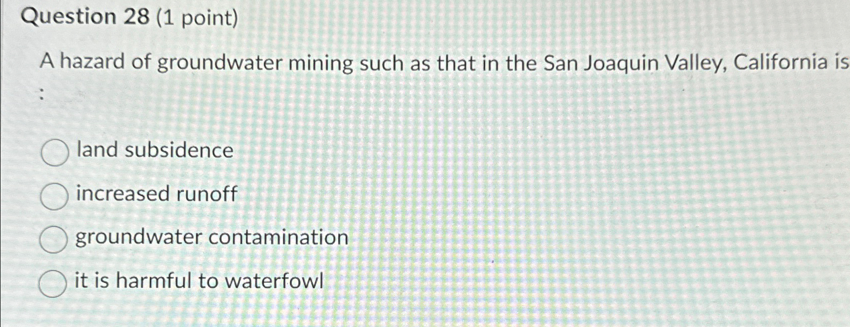 Solved Question 28 (1 ﻿point)A hazard of groundwater mining | Chegg.com