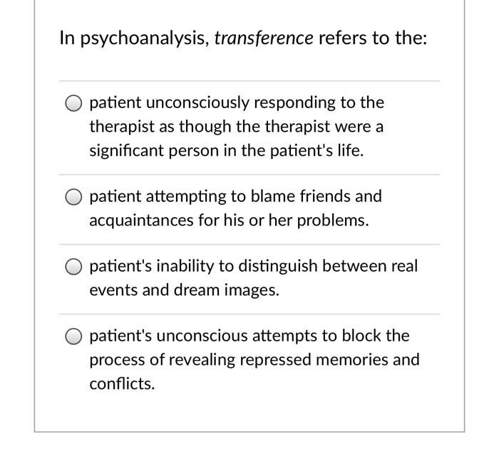 Solved In psychoanalysis, transference refers to the: | Chegg.com