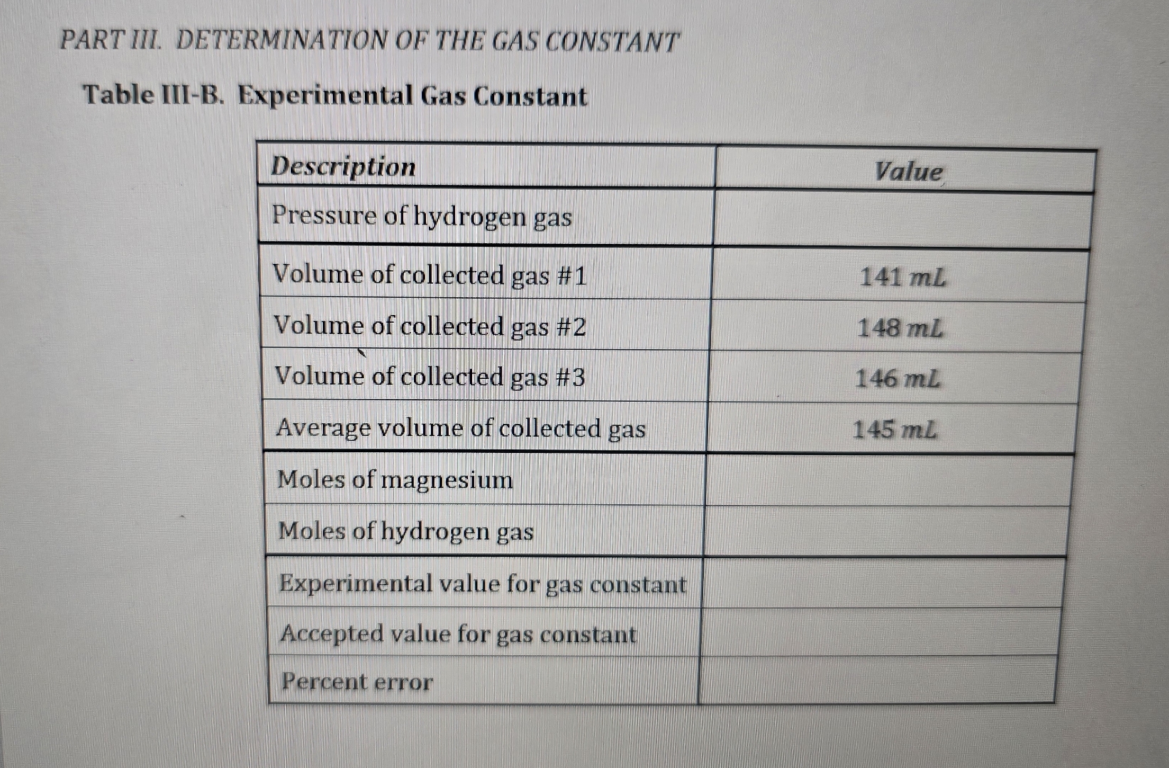 Solved PART III. DETERMINATION OF THE GAS CONSTANTTable | Chegg.com