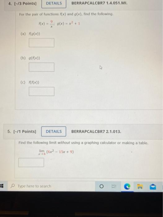 Solved 4. (-/3 Points) DETAILS BERRAPCALCBR7 1.4.051.MI. For | Chegg.com