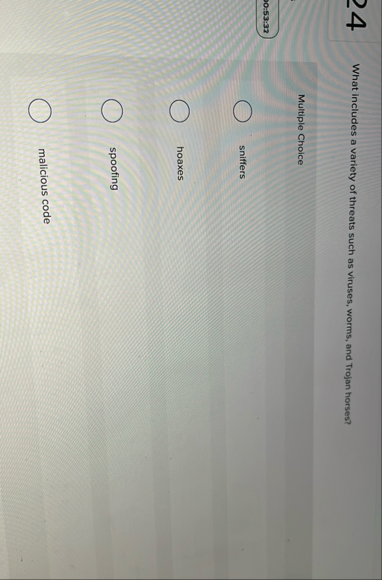 Solved 4What includes a variety of threats such as viruses, | Chegg.com