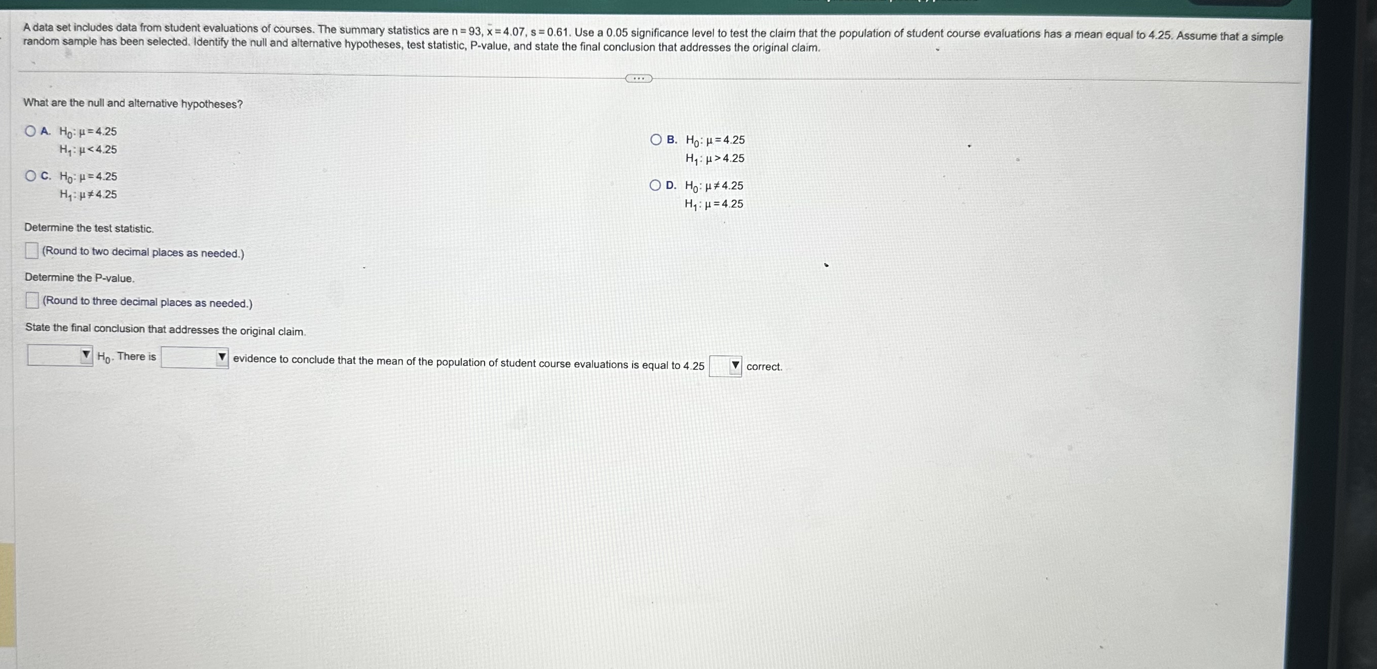 Solved A data set includes data from student evaluations of | Chegg.com