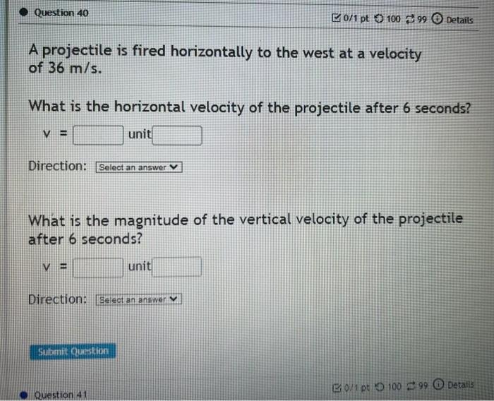 Solved A projectile is fired horizontally to the west at a | Chegg.com