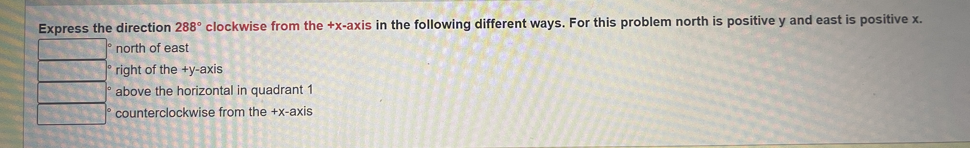 Solved Express the direction 288° ﻿clockwise from the | Chegg.com