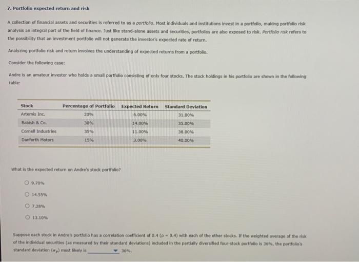 Solved 7. Portfolio expected return and risk A collection of | Chegg.com