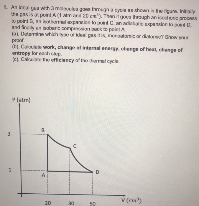 Solved 1. An ideal gas with 3 molecules goes through a cycle | Chegg.com