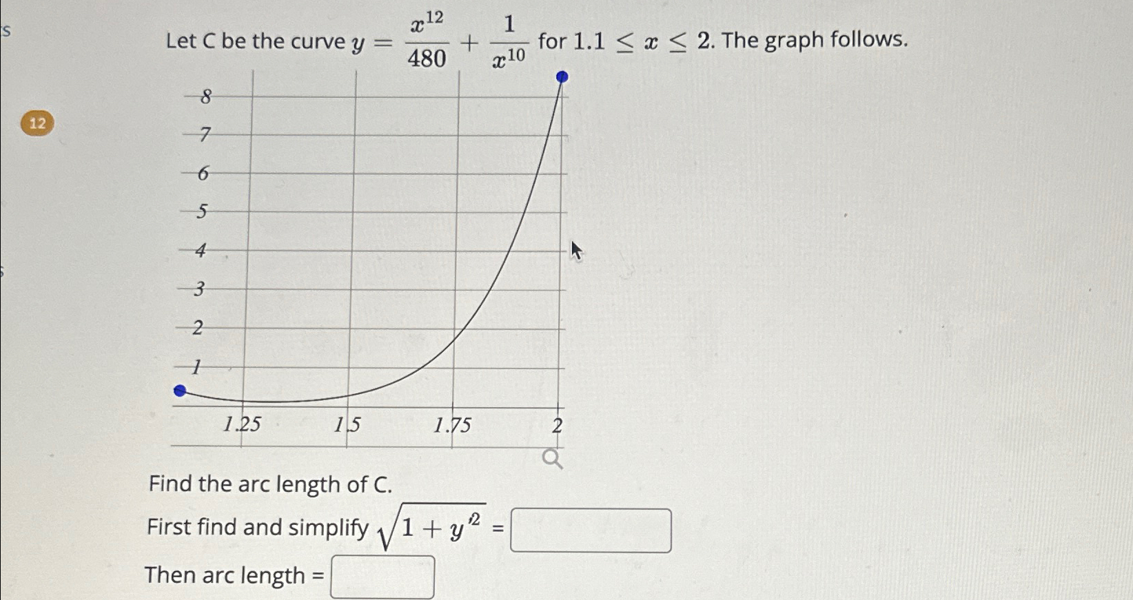 Solved Let C ﻿be the curve y=x12480+1x10 ﻿for 1.1≤x≤2. ﻿The | Chegg.com