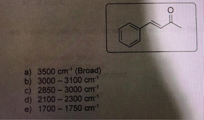 Solved a) 3500 cm−1 (Broad) b) 3000−3100 cm−1 c) 2850−3000 | Chegg.com