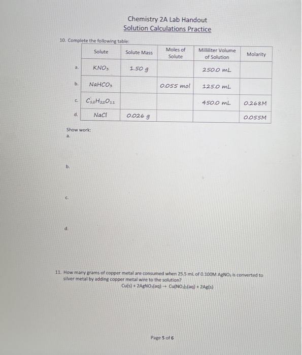 Solved Chemistry 2A Lab Handout Solution Calculations | Chegg.com