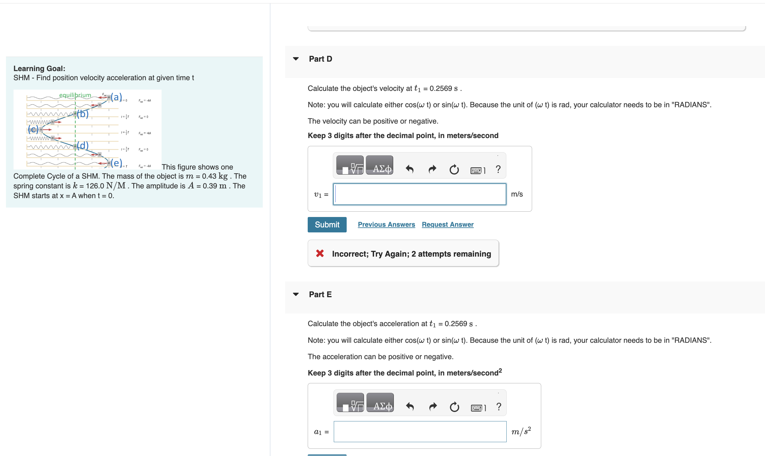 Solved I need help for part D and E Learning Goal:SHM - | Chegg.com