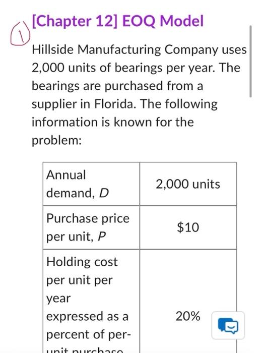 Solved [Chapter 12] EOQ Model Hillside Manufacturing Company | Chegg.com