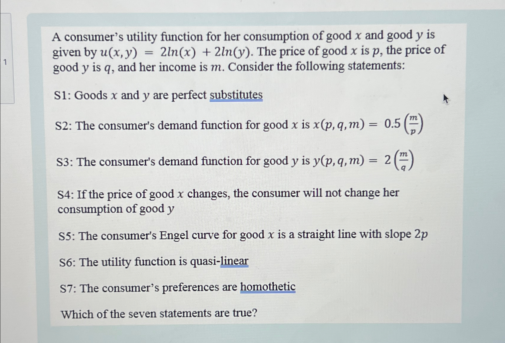 Solved A consumer's utility function for her consumption of | Chegg.com