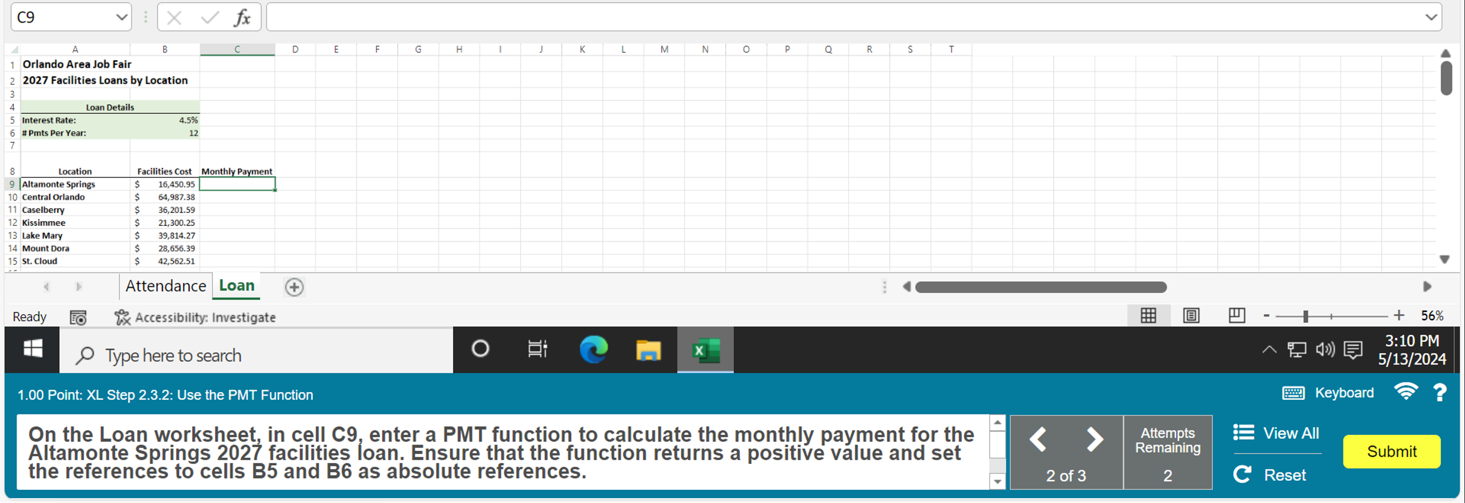 Solved On the Loan worksheet, in cell C9, ﻿enter a PMT | Chegg.com