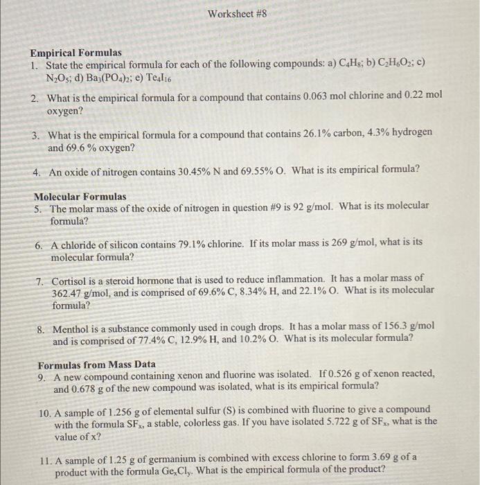 Solved Worksheet #8 Empirical Formulas 1. State the | Chegg.com