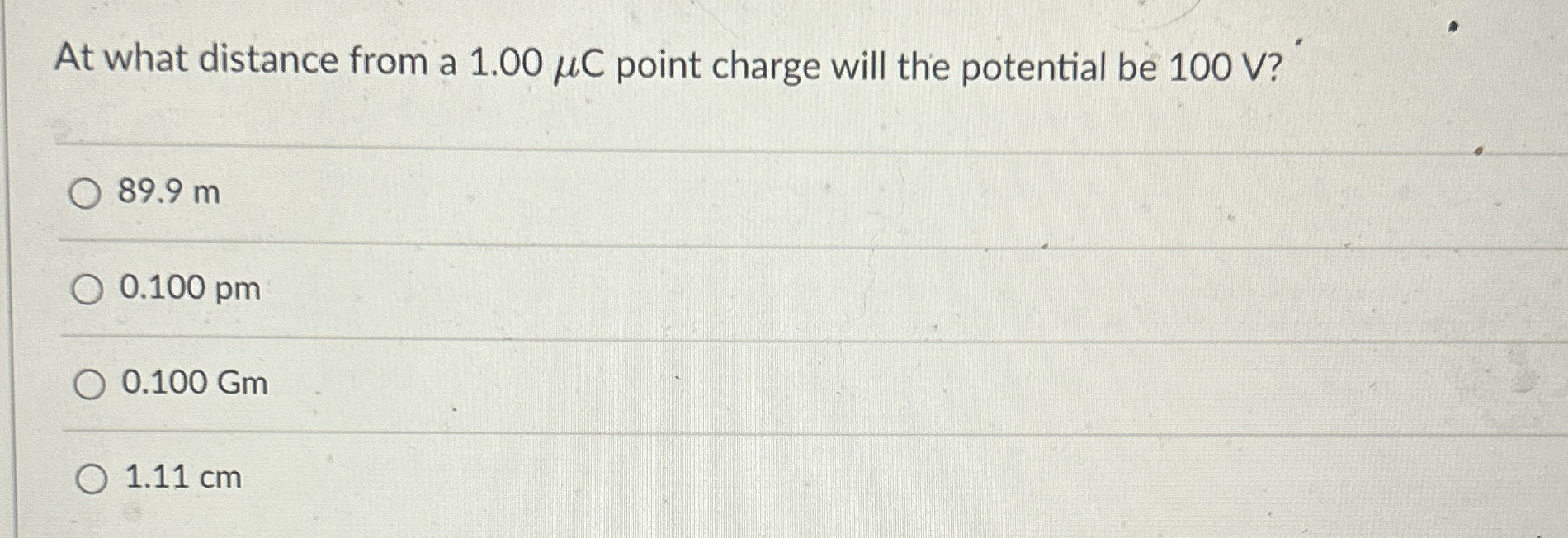 Solved At what distance from a 1.00μC ﻿point charge will the | Chegg.com