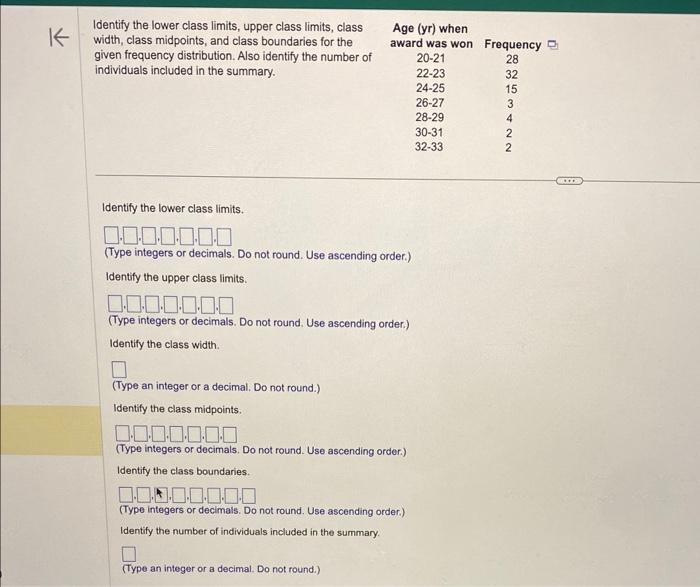 Solved Identify the lower class limits, upper class limits, | Chegg.com