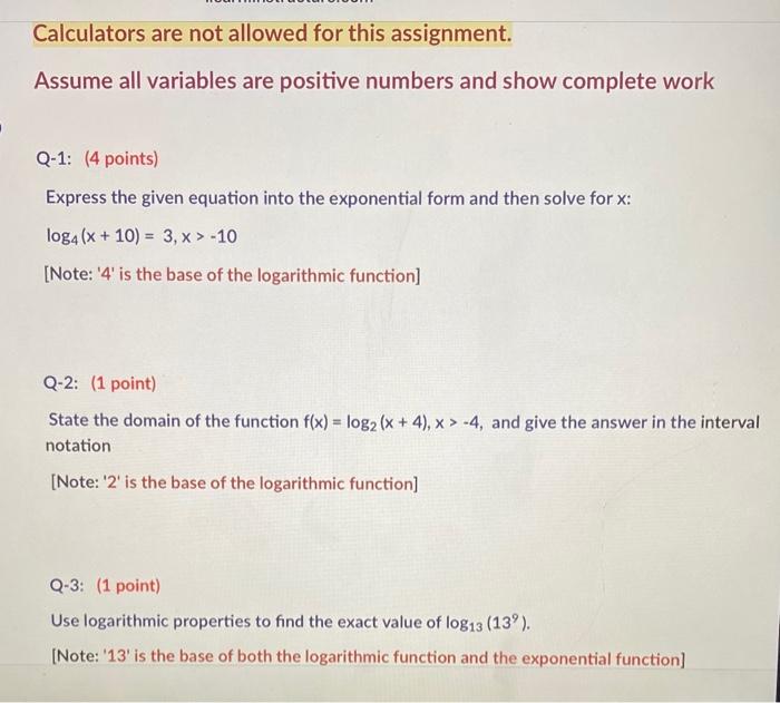 Solved Calculators are not allowed for this assignment. | Chegg.com