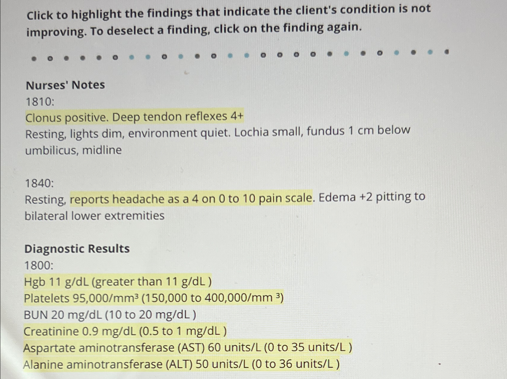 Solved Click to highlight the findings that indicate the | Chegg.com