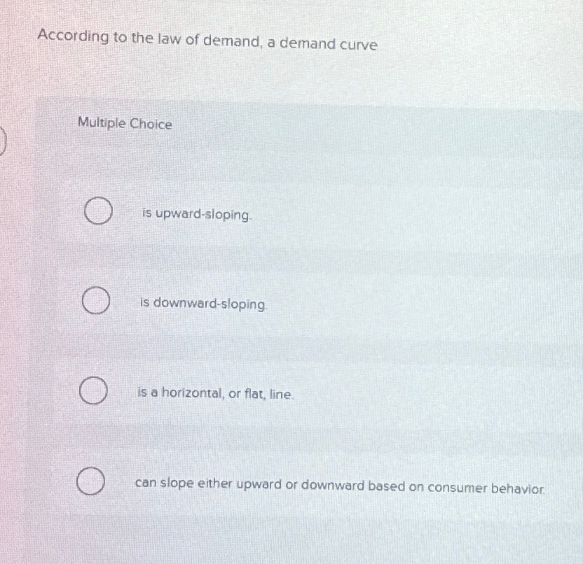 Solved According to the law of demand, a demand | Chegg.com