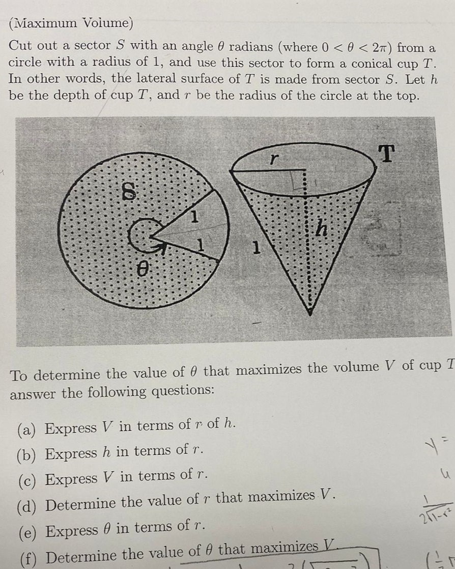 Solved (Maximum Volume) ﻿Cut out a sector S with an angle | Chegg.com