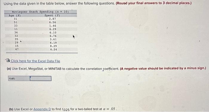 Solved BClick here for the Excel Data File (a) Use Excel, | Chegg.com