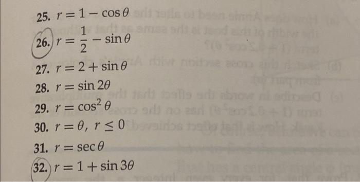 Solved 25. r=1−cosθ 26. r=21−sinθ 27. r=2+sinθ 28. r=sin2θ | Chegg.com