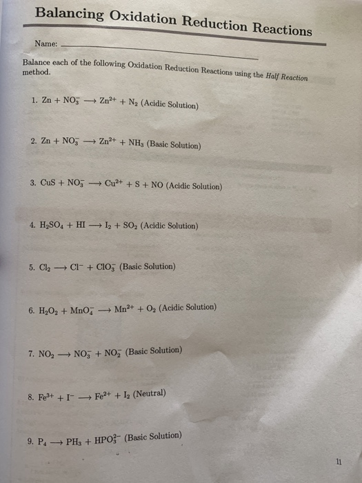 Solved Balancing Oxidation Reduction Reactions Name: Balance | Chegg.com