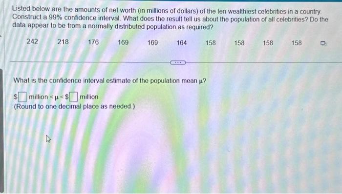 Solved Listed below are the amounts of net worth (in | Chegg.com